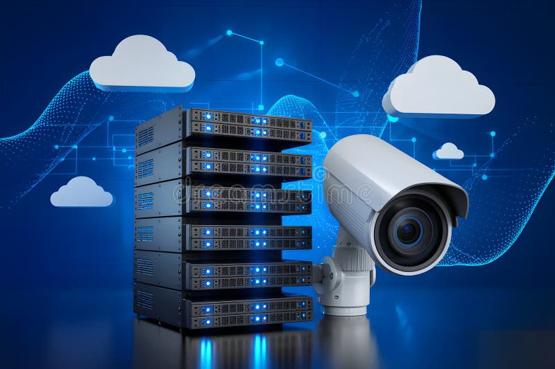 Surveillance Camera Next To Digital Server with Blue Lights, Cloud ...