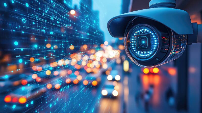 Surveillance Camera Overlooking City Street with Digital Network ...