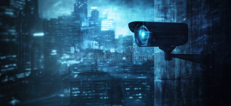 Surveillance Camera Overlooking Cityscape with Digital Overlay and Blue ...