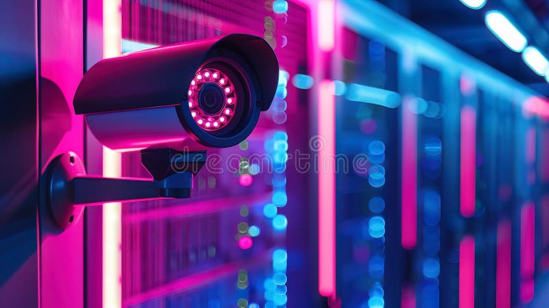 Surveillance Camera Oversees a Network Server Room Neon Lights Stock ...