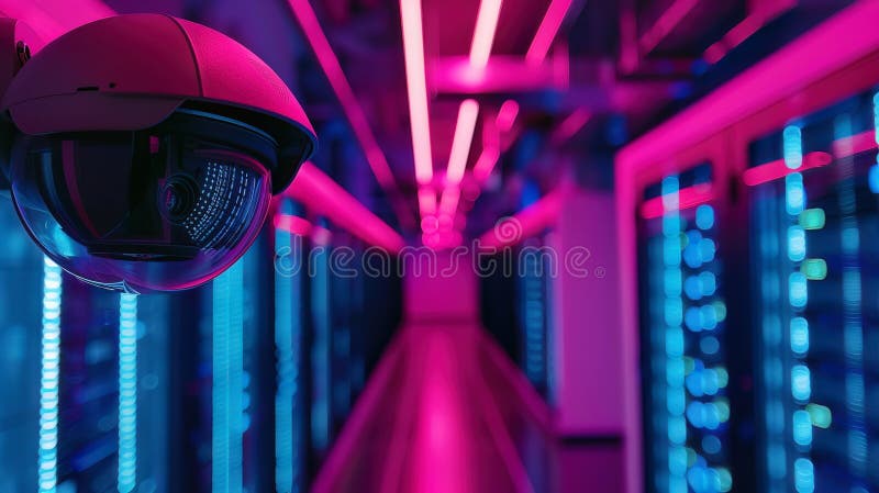Surveillance Camera Oversees a Network Server Room Neon Lights Stock ...