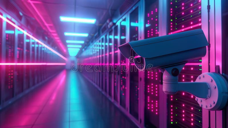 Surveillance Camera Oversees a Network Server Room Neon Lights Stock ...