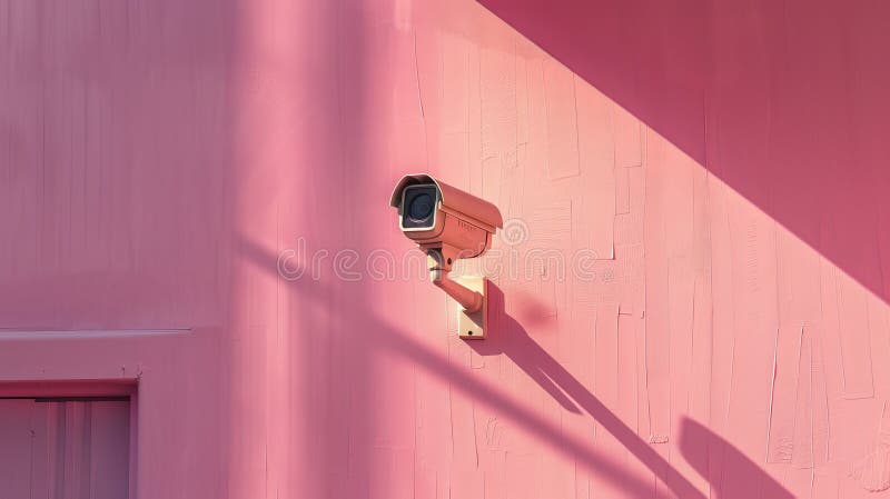Surveillance Camera on a Pink Wall with Shadows, Daytime Security ...
