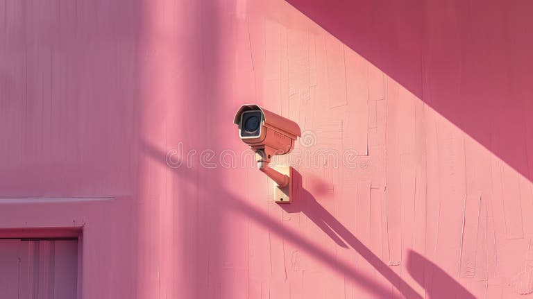 Surveillance Camera on a Pink Wall with Shadows, Daytime Security ...