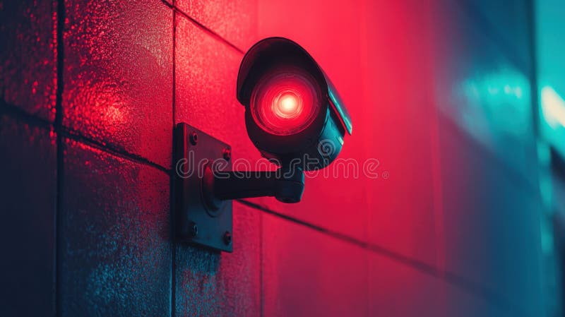 Surveillance Camera with Red Light in Industrial Setting at Night Stock ...
