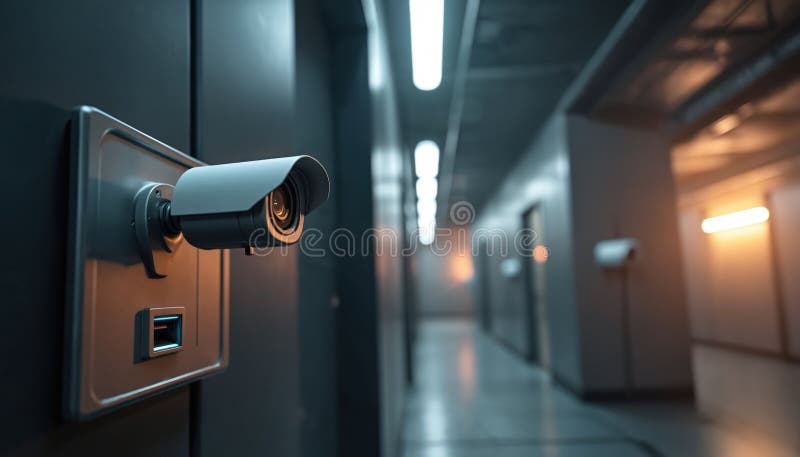 Surveillance Camera Secured To Wall. Security System Monitoring Hallway Area. Modern Tech Access ...