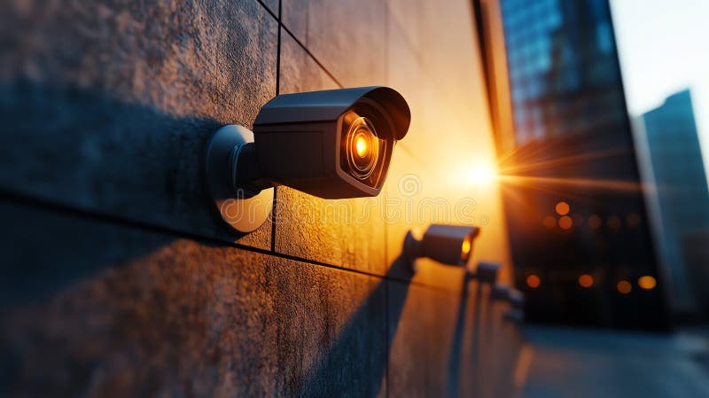 Surveillance Camera with Sunset Reflection on Modern Building Facade ...