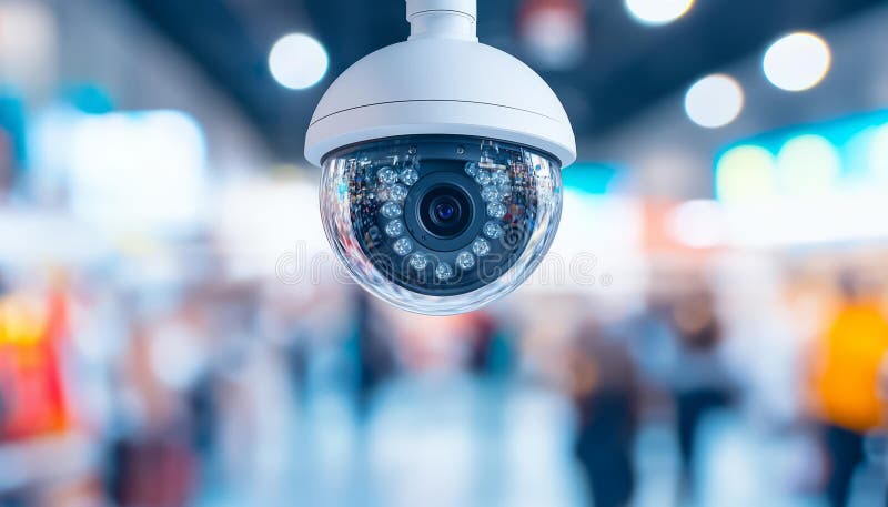 Surveillance Camera Suspended from Ceiling in Modern Interior Space ...