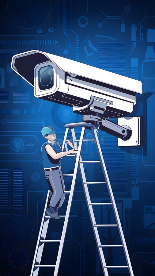 Surveillance Camera with Technician on Ladder, Blue Technological ...