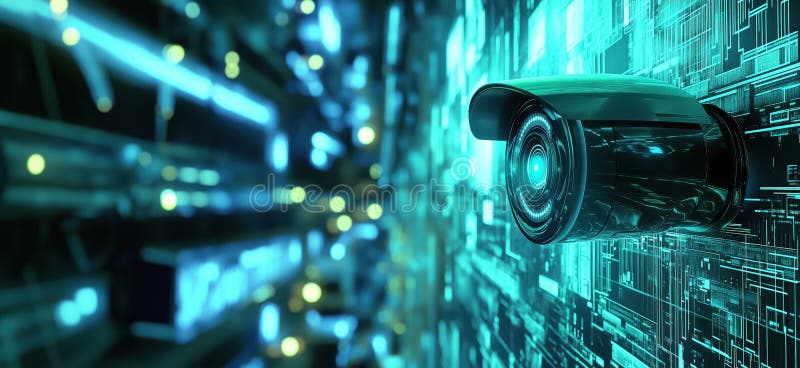 High Tech Surveillance Camera Lens Digital Data Network Background ...