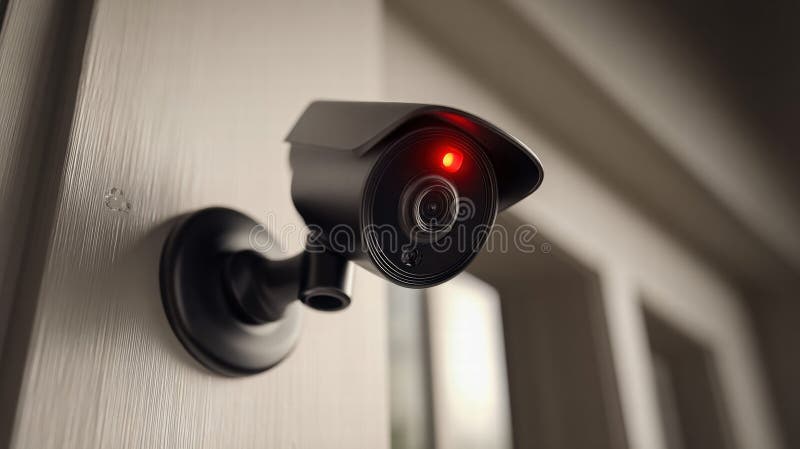 A Surveillance Camera on a White Wall with a Red Indicator Light. Stock ...