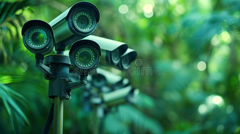 Surveillance Cameras Cluster in a Lush Green Setting Stock Image ...