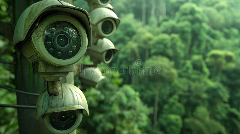 Surveillance Cameras Cluster in a Lush Green Setting Stock Photo ...