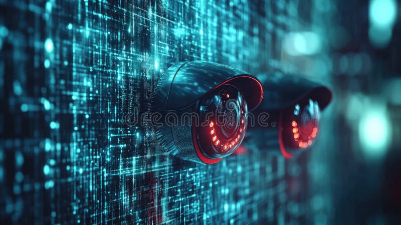 Surveillance Cameras on Digital Network Wall with Blue and Red Lights ...