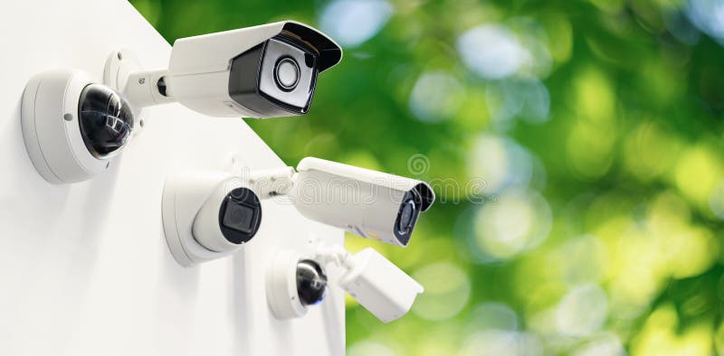 Surveillance Cameras on a Green Background. Perimeter Security Stock ...