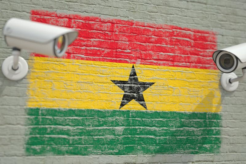 Surveillance Cameras and Wall with Flag of Ghana. Modern Security ...
