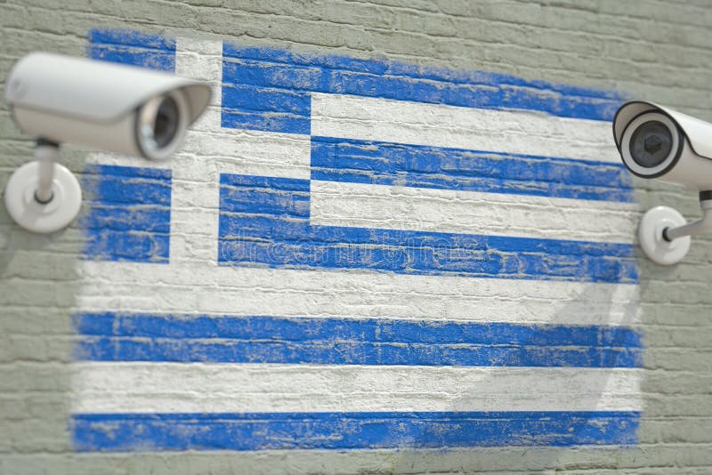 Surveillance Cameras and Wall with Flag of Greece. Modern Security ...