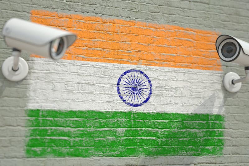 Surveillance Cameras and Wall with Flag of India. Modern Security ...