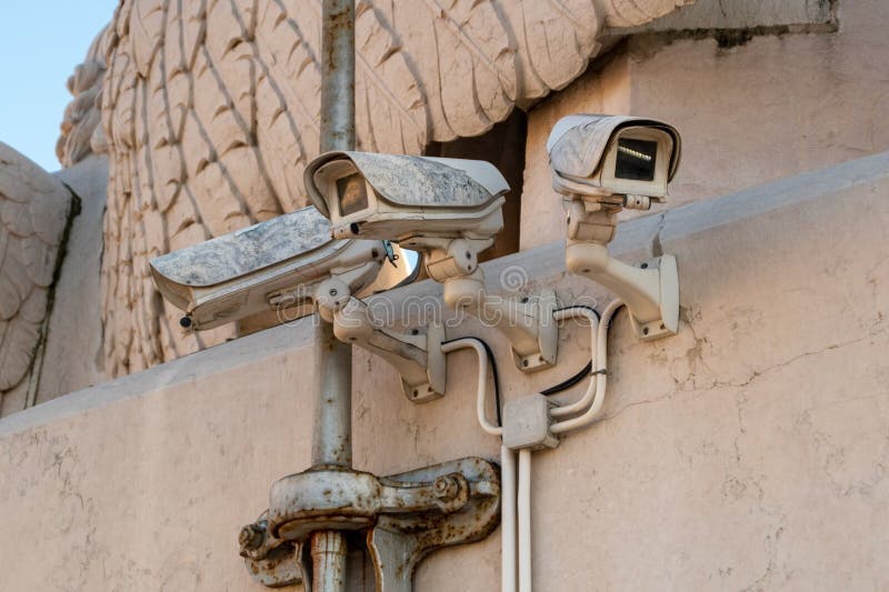 Surveillance Cameras on the Wall, Multiple Security Cameras Stock Photo ...