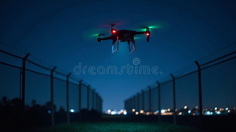 Surveillance Drone Flying Over a Fenced Perimeter at Night Stock Image ...