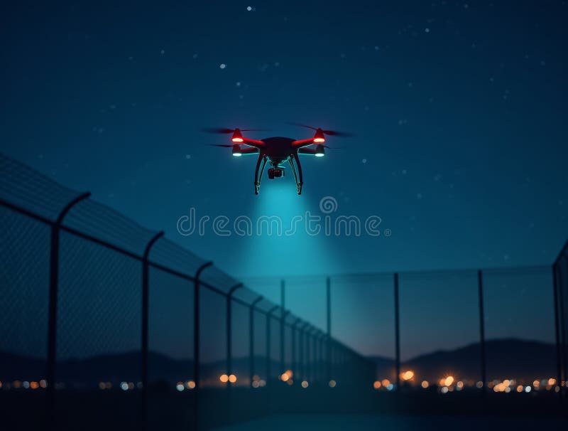 Surveillance Drone Flying Over a Fenced Perimeter at Night Stock Photo ...
