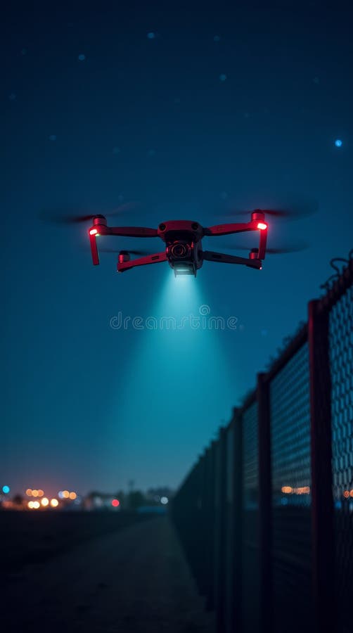 Surveillance Drone Flying Over a Fenced Perimeter at Night Stock Photo ...