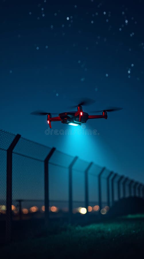 Surveillance Drone Flying Over a Fenced Perimeter at Night Stock Image ...