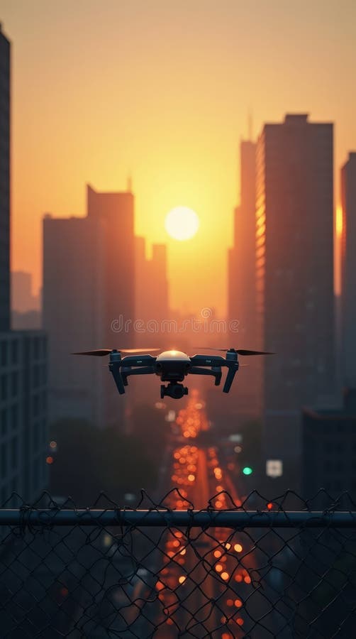 Surveillance Drone Hovering Over a High-Security Fenced Perimeter at Night Stock Photo - Image ...