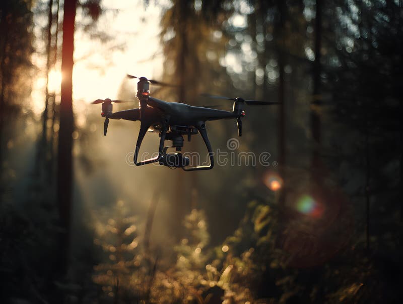 Surveillance Drone Hovering Over Scenic Forest Landscape at Golden Hour ...