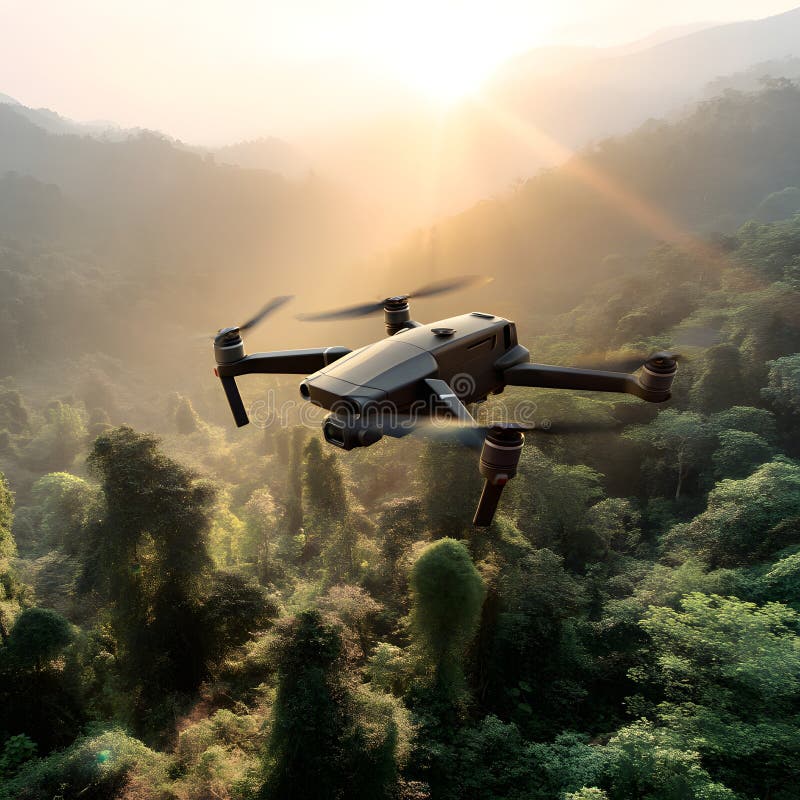Surveillance Drone Hovering Over Scenic Forest Landscape at Golden Hour ...