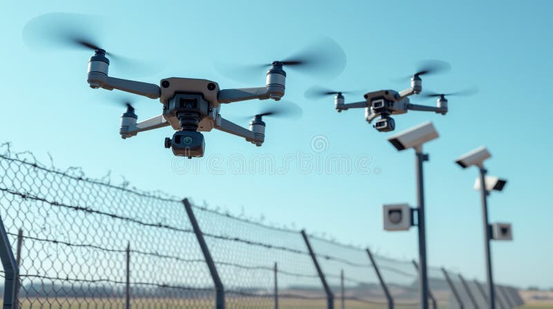 Surveillance Drones Hovering Above Secured Area with Advanced Security ...