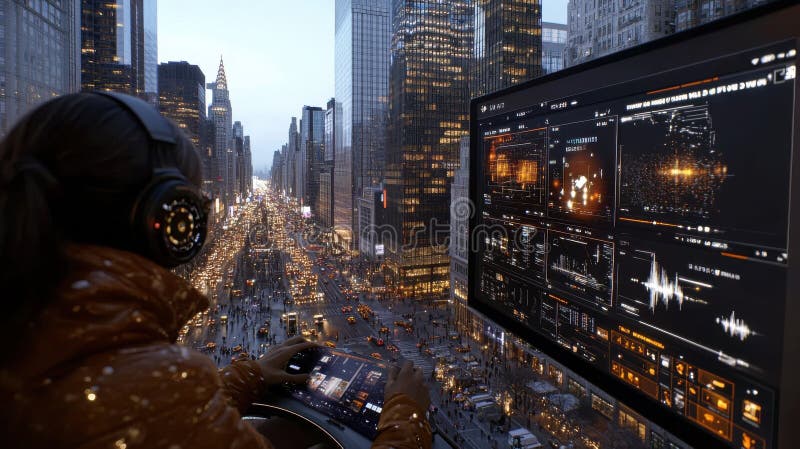 A Surveillance Operator Monitors a Futuristic City from a High-rise ...