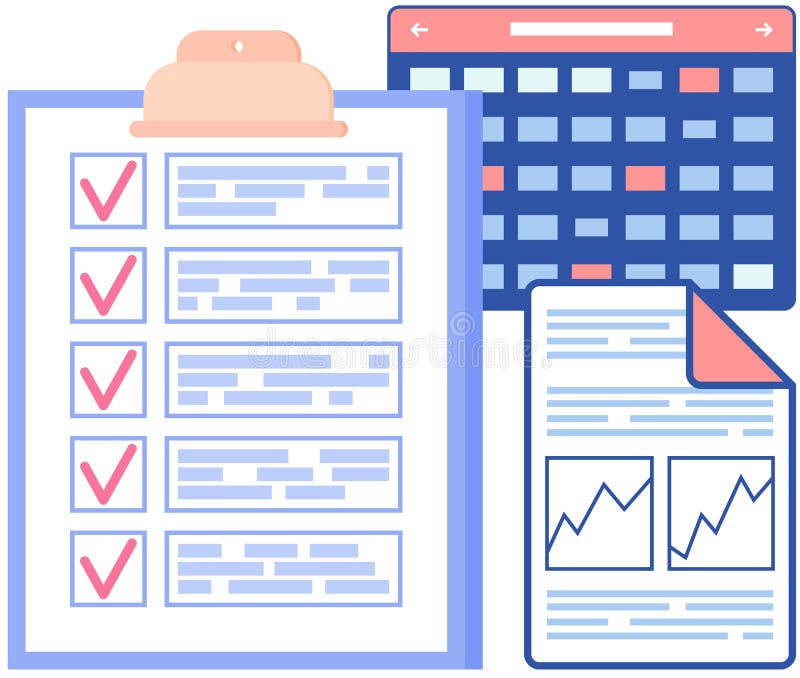 Survey, Checklist, Paperwork with Data on Clipboard, Calendar. Working ...