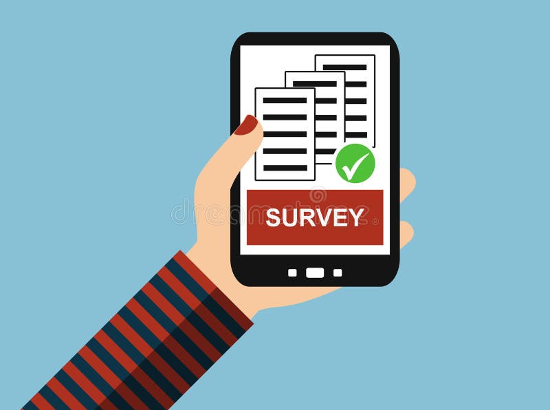 Survey - Hand with Phone with Blue Background Stock Illustration ...