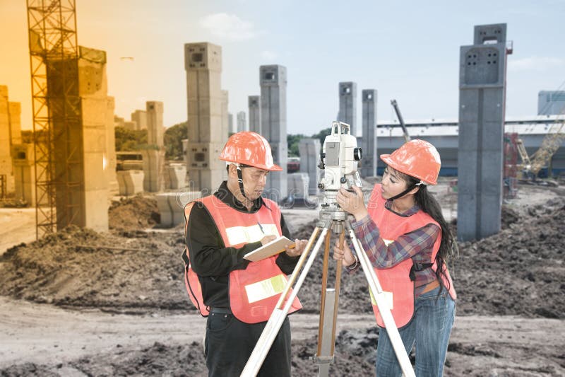 Surveyor or Engineer Making Measure on the Building Construction Site. Stock Image - Image of ...