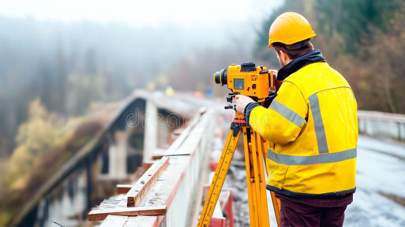 A Surveyor Inspecting Bridge Construction with Advanced Tools for ...