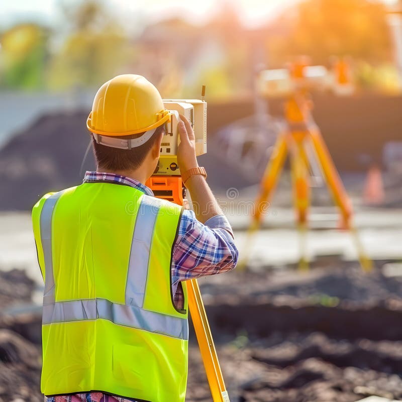 Surveyor Using Theodolite at Construction Site during Sunset Stock ...