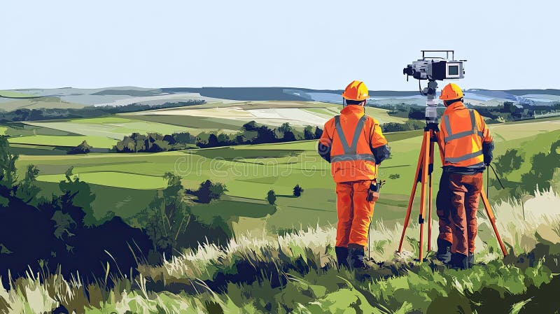 Surveyors Working in Field, Ensuring Accuracy. Teamwork in Construction ...