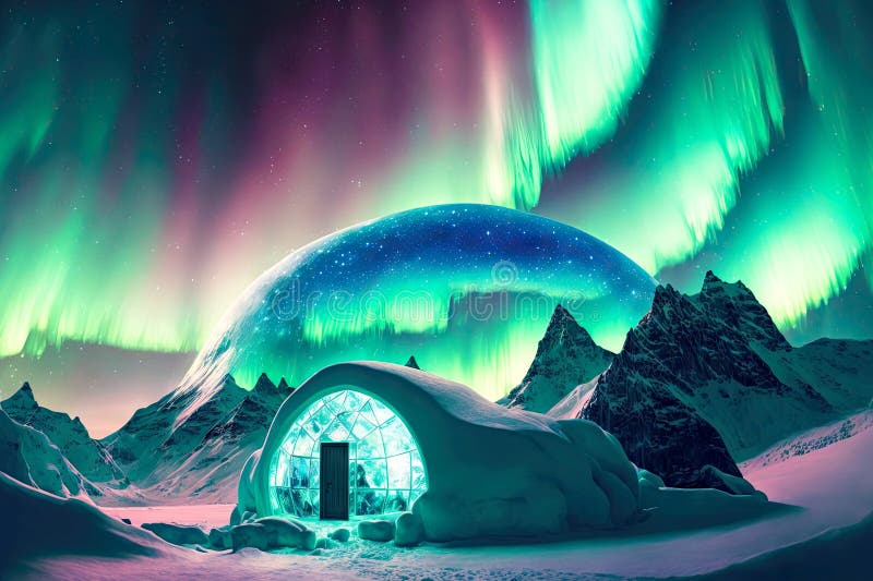 Survival in Cold Snow Igloo Against Background of Northern Lights Stock ...