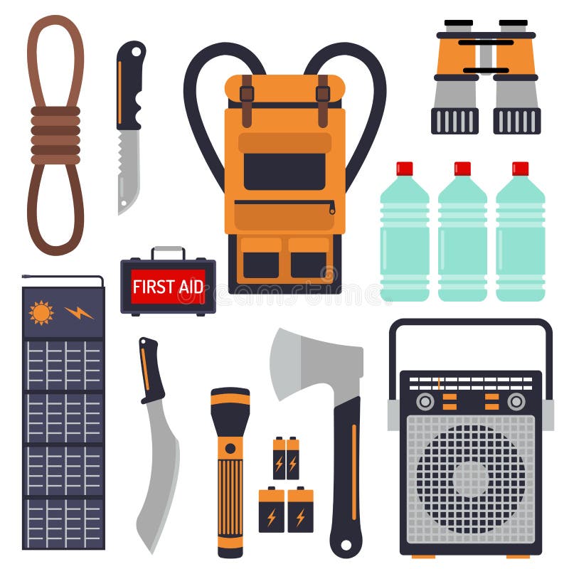 Survival Emergency Kit for Evacuation Vector Objects Set. Stock Vector ...
