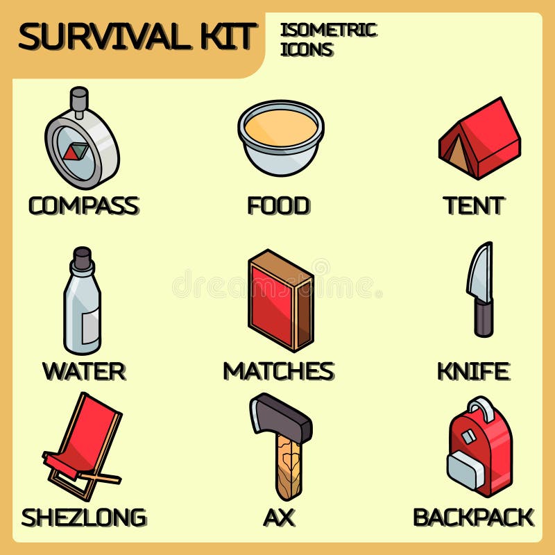 Survival Kit Color Outline Isometric Icons Stock Vector - Illustration ...