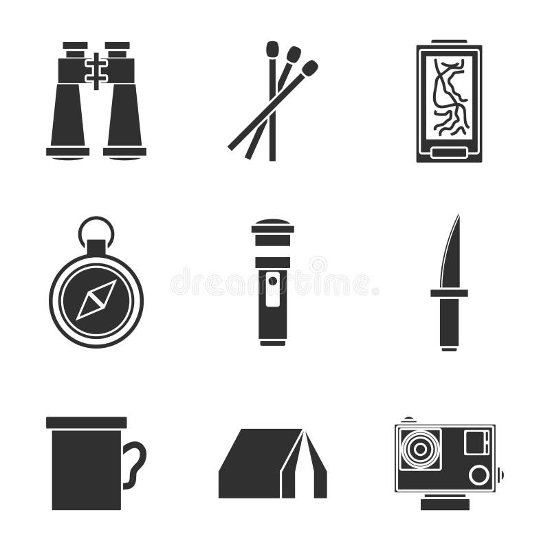 Survival kit icons set stock vector. Illustration of rucksack - 74122252