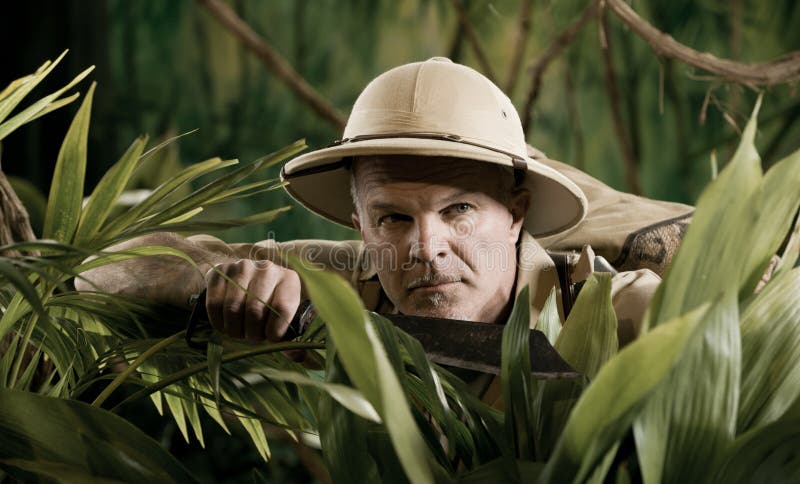 Adventurer Peeking through Plants Stock Image - Image of retro, style ...