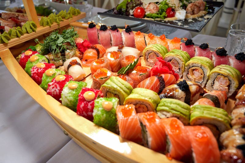Sushi in Assortment on the Served Table, Catering Stock Image - Image ...