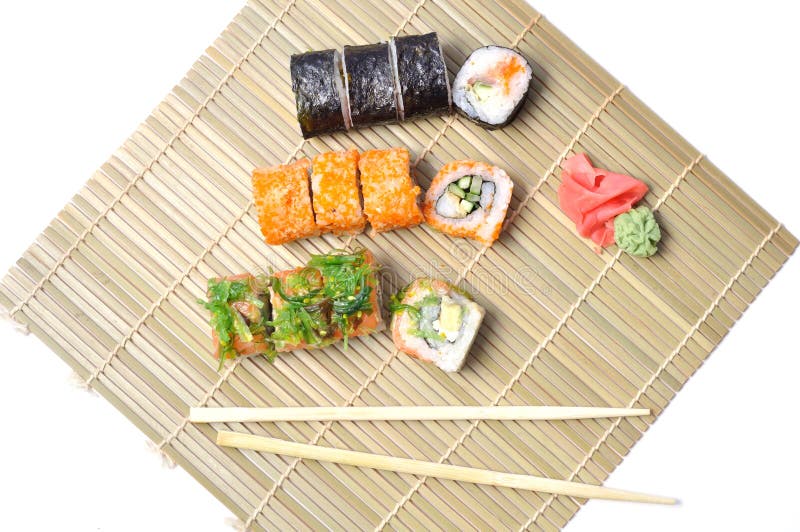 Sushi Set on the Bamboo Mat Stock Photo - Image of making, preparation ...