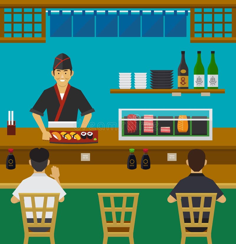 Sushi Bar, Japanese Restaurant Stock Vector - Illustration of cartoon ...