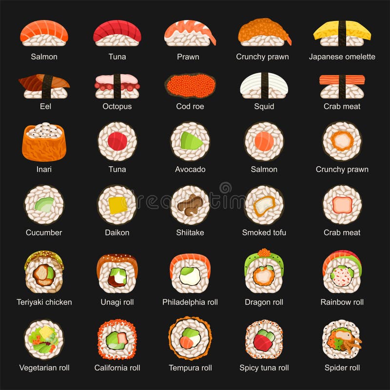Sushi Bar Menu Vector Illustration. Sushi, Sashimi, Sushi Rolls Set ...