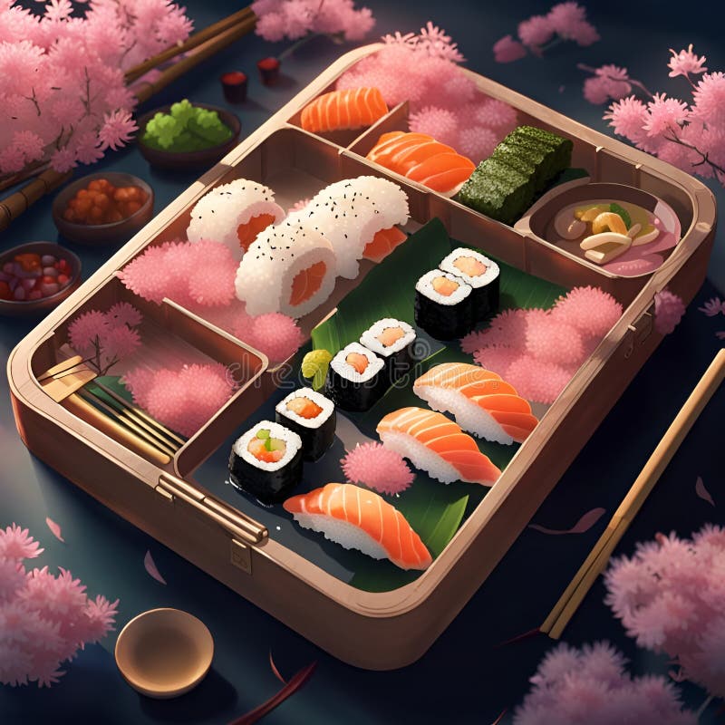 Sushi Bento Box with Sakura Petals Ai Generated Stock Illustration ...