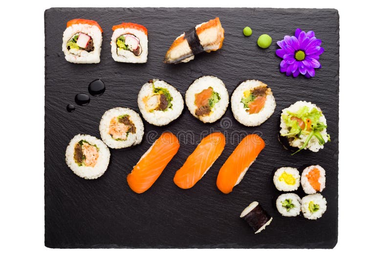 Sushi on Black Stone Plate Isolated Stock Photo - Image of ginger ...