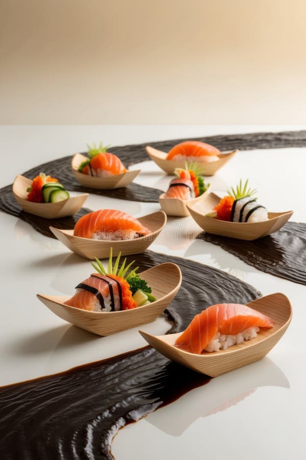 Sushi Boats Floating through a River of Soy Sauce. Stock Photo - Image ...